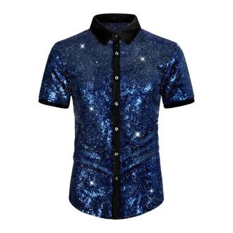 Generic Chemise &agrave; paillettes &agrave; manches courtes et col &agrave; revers pour homme, chemise boutonn&eacute;e scintillante, grande taille, tenue de soir&eacute;e disco des ann&eacute;es 70,