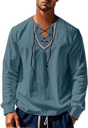 Generic Chemise d&eacute;t&eacute; en coton et lin pour homme - Chemise d&eacute;contract&eacute;e en coton et lin - Col rond - Manches longues - Tunique classique, bleu, 3XL