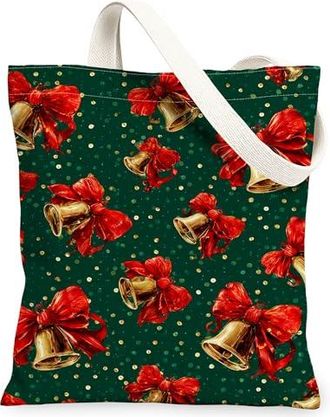 Generic Sacs fourre-tout en toile de vacances, motif cloche festive, sacs de courses r&eacute;utilisables, joyeux saisonniers, toile l&eacute;g&egrave;re et lavable pour cadeaux, 