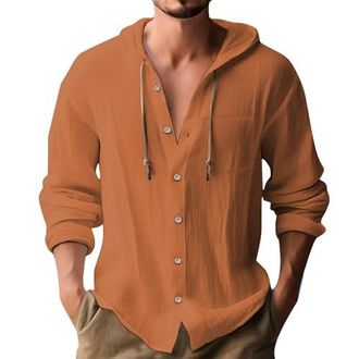 Generic Chemise &agrave; capuche en lin m&eacute;lang&eacute; &agrave; manches longues pour homme, chemise d&eacute;contract&eacute;e l&eacute;g&egrave;re avec cordon de serrage, coupe d&eacute;contract&eacute;e, surdimensionn&eacute;e