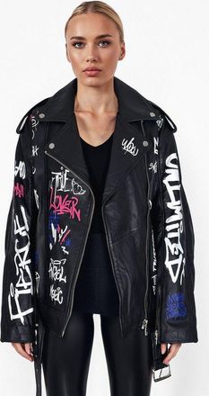 Trueprodigy Lederjacke Anya Graffitiprint,asymmetrischer Reißverschluss und Reverskragen
