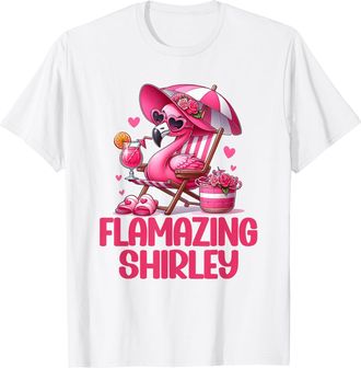 BDAZ Flamazing Shirley Pink Flamingo Tropical Beach Scene Damen T-Shirt
