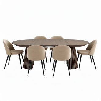 ebuy24 Tokyo Essgruppe mit Esstisch 120x120-160-200 cm und 6 gepolsterten St&uuml;hlen in Farbe Ger&auml;uchert/beigem, skandinavisches Design Esszimmer-Set mit auszie