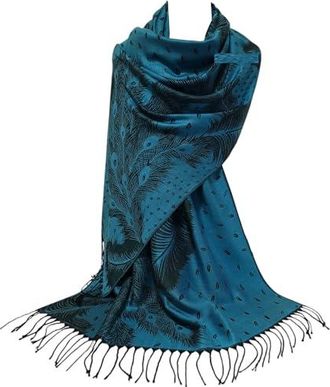 GFM Écharpe ou châle élégant style pashmina en plumes de paon - Turquoise Noir- (PCKPASH-P7)-TXKL
