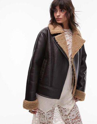Topshop Pilotenjacke in Braun mit Fellbesatz in Steingrau