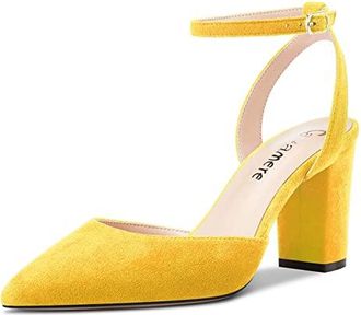 Castamere Femmes Bloc Chunky Haut High Talon Heel Pointu Bout Lanières Cheville Two-Piece Escarpins Mariage Dress 8 CM Heels Jaune 39 EU