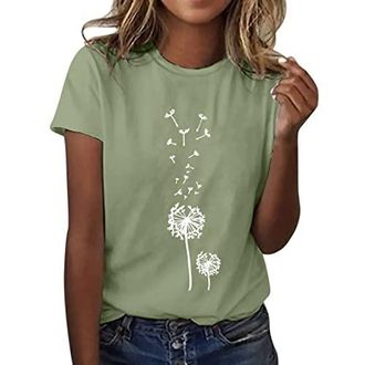 Generic T-shirt &agrave; manches courtes pour femme avec col rond Motif pissenlit pour femme, vert, XXL