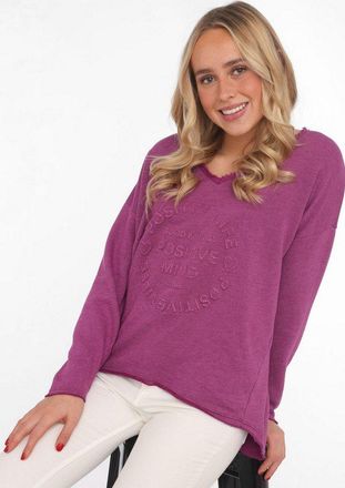 Zwillingsherz Sweatshirt Positive Mind ausgefranster V-Ausschnitt, Used Look, Langarm, Schriftzug