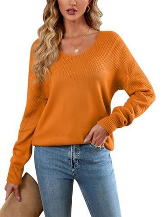 Generic Pull dautomne 2023 &agrave; col en V pour femmes, coupe d&eacute;contract&eacute;e, manches longues, en tricot c&ocirc;tel&eacute;, orange, taille XL pour un usage quotidien, le travai