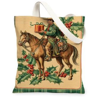 Generic Sacs fourre-tout vintage en toile motif cheval de No&euml;l, sacs d&eacute;picerie r&eacute;utilisables, l&eacute;gers et lavables avec bandouli&egrave;re, Beige, 13x15 Inch
