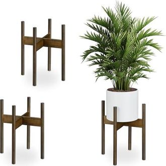 Relaxdays Pflanzenständer Bambus, 3er Set, Übertopfständer innen, Blumentöpfe bis D: 29 cm, Pflanzentopfhalter, braun