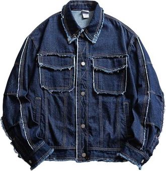 Generic Veste en jean patchwork oversize pour homme, style vintage tendance, l&eacute;g&egrave;re et d&eacute;contract&eacute;e, id&eacute;ale pour le printemps et lautomne, bleue, taille XL
