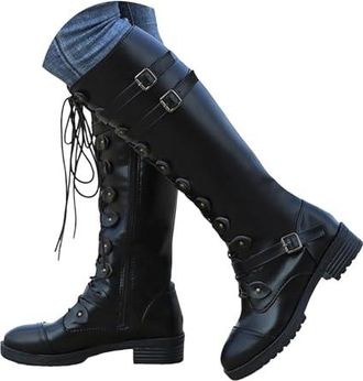 Generic Bottes hautes pour femme - Bottes &agrave; lacets tendance avec boucle - Bout rond - Talons &eacute;pais - En cuir denim - Bottines dhiver d&eacute;contract&eacute;es &agrave; talon com
