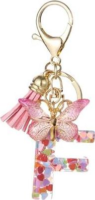 Generic Porte-cl&eacute;s en r&eacute;sine paillet&eacute;e 26 lettres avec papillon pompon porte-cl&eacute;s crochet, F, taille unique