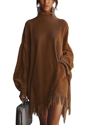 Generic Robe pull &agrave; col roul&eacute; en velours c&ocirc;tel&eacute; avec franges et col montant pour femme, caf&eacute;, XXL