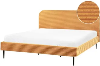 Beliani Bett Orange Cord mit Lattenrost 180 x 200 cm Metallf&uuml;&szlig;e Schwarz Hohes Kopfteil Retro Modern Polsterbett Doppelbett Schlafzimmer