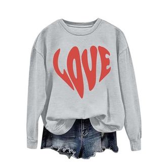 Generic Sweat-shirts de Saint-Valentin 2026 pour femmes 2024 imprim&eacute; graphique coeur col rond manches longues chemisier Saint-Valentin automne hiver pull, gri