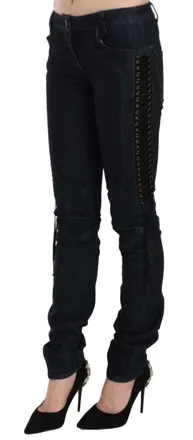 Just Cavalli Womens Blue Low Waist Skinny Trousers Braided String Pants Black Cotton