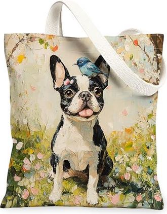 Generic Sac fourre-tout en toile motif terrier de Boston pour faire du shopping, 33 x 38,1 cm, joli sac &agrave; bandouli&egrave;re r&eacute;utilisable pour femme, peinture danima