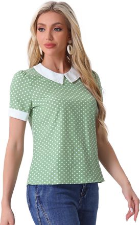 Allegra K Damen Kurzarm Bubikragen Punkte Oberteil Vintage Polka Dots Elegant Top Bluse Hellgr&uuml;n XS