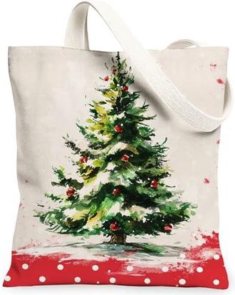 Generic Sacs fourre-tout en toile de No&euml;l, motif arbre festif et pois, r&eacute;utilisables, l&eacute;gers et lavables avec bandouli&egrave;re pour les vacances, le shopping, les 