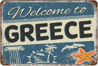 IUBBKI Welcome Greece Blechschild, Metallschild, Kunst zum Aufh&auml;ngen, Eisen, Malerei, Retro, Zuhause, K&uuml;che, Garten, Garage, Wanddekoration