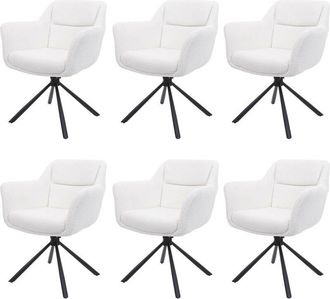 Hhg 6er-Set Esszimmerstuhl HHG-659, Küchenstuhl Stuhl, drehbar Auto-Position, Stoff MVG bouclé-weiß