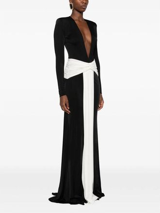 New Arrivals Plunging V-Neck Ruched Floor-Length Dress - Black