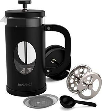 bonVIVO GAZETARO I - Cafetière Piston Design French Press à Piston en INOX et Verre, Noir Mat, avec filtres - Taille S : 1 L / 1000 ML