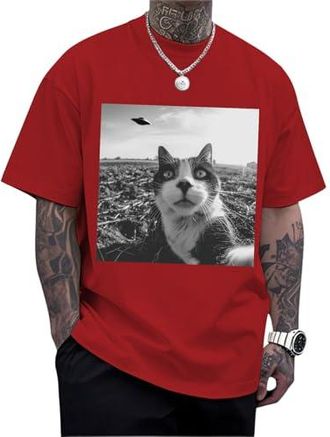 Generic T-shirts surdimensionn&eacute;s pour homme | Col rond imprim&eacute; chat - T-shirts graphiques en coton &agrave; manches courtes | Hauts basiques d&eacute;t&eacute; | pour l&eacute;cole, roug