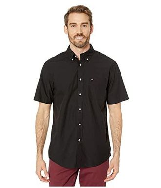 Tommy Hilfiger Mens Big and Tall Button Down Short Sleeve Shirt Maxwell, Black, TL-2XL