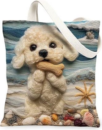 Generic Sac fourre-tout amusant en toile motif chien maltais 33 x 38 cm, sac d&eacute;picerie r&eacute;utilisable pour femme, peinture danimaux domestiques, d&eacute;coration cade