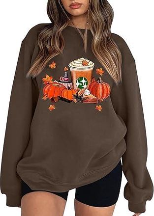 Generic 2025 Pull pour femme imprim&eacute; citrouille et feuille d&eacute;rable pour lautomne/hiver, coupe ample, pull d&eacute;contract&eacute; pour Halloween, surdimensionn&eacute;, marron, 