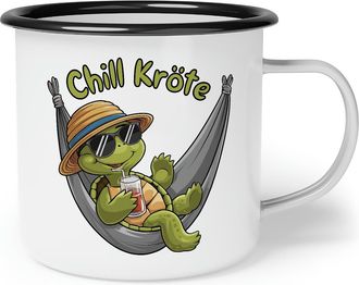 OM3 lustige Emaille-Tasse mit Spruch - Faule Chill Kröte Schildkröte Chillkröte II | Emailletasse Emaille Becher | 10oz 300ml | Beidseitig Bedruckt | Weiß