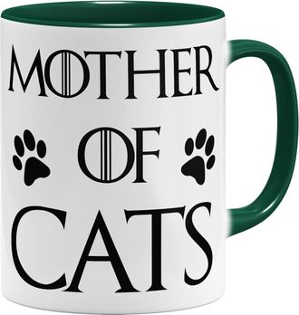 OM3 Mother of Cats Kaffee-Tasse mit Spruch - für Katzenmamas & Crazy Cat Ladys - Keramik Becher - 325ml - Beidseitig Bedruckt - Grün