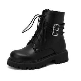 Generic Bottes de combat dhiver &agrave; lacets pour femme avec sangles &agrave; boucle et bout rond - Chaussures &agrave; talons &eacute;pais avec fermeture &eacute;clair, Noir, 40.5 EU