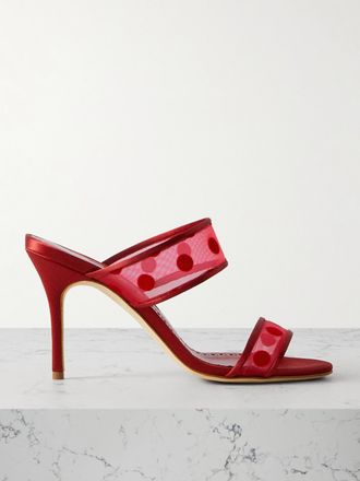 Manolo Blahnik Sandales En Résille Floquée À Finitions En Satin Scolobi 90 - Rouge