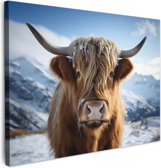 MuchoWow © Leinwandbild 80x60 cm Dekoration Wohnzimmer Bilder Aufhängen Wall Decoration Living Room Wohnungs Deko Moderne Schottische Hochlandrind - Kuh - High