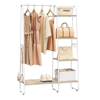 Woltu Kleiderst&auml;nder, Kleiderstange f&uuml;r Schlafzimmer Wohnzimmer Eingangsbereich, mit 4 Ablagen 6 Haken, aus Holzwerkstoff und Metall, Helle Eiche + Wei&szlig;/Dun