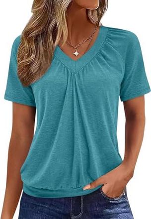 Onsoyours Tee Shirt Femme Col en V Plissé Eté T-Shirt à Manches Courtes Haut Longue De Base A Turquoise M