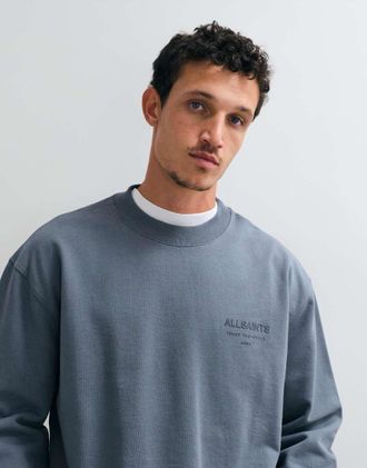 AllSaints Xander sweat-shirt col rond &agrave; logo floqu&eacute; gris bleu