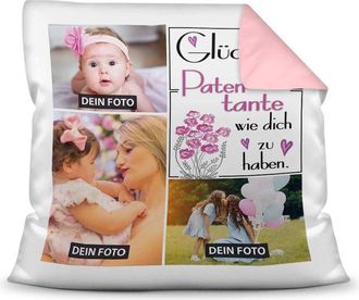 Tassendruck Kissen inkl. Kissenfüllung mit Fotocollage zum selbst Gestalten mit DREI Fotos und Spruch - Glück ist, eine Patentante wie Dich zu haben - Farbkissen 