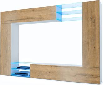 Vladon Wohnwand Mirage, Made in Germany, Anbauwand mit R&uuml;ckwand mit 2 T&uuml;ren, 2 Klappen und 6 offenen Glasablagen, Wei&szlig; matt/Eiche Natur, inkl. LED-Beleuchtun