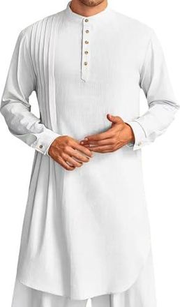 Generic Chemise en coton et lin pour homme, chemises &agrave; manches longues, coupe ample, robe de chambre musulmane, Thobe couleur unie, chemise Henley fendue sur 
