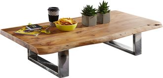 WOHNLING Couchtisch 115 x 25 x 58 cm Akazie Massiv Holz Metallgestell groß, Baumstamm Wohnzimmertisch Massivholz Braun, Baumkante Sofatisch Landhaus Holztisch,