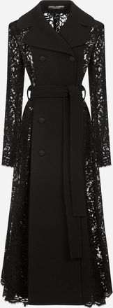 Dolce & Gabbana Zweireihiger Mantel Aus Crêpe Und Spitze Mit Gürtel - Frau Mäntel Und Jacken Schwarz 40