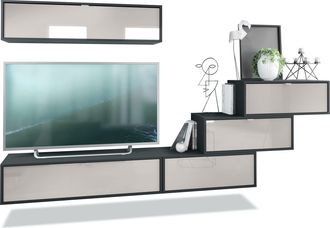 Vladon Wohnwand Lana V1 Anbauwand aus 5 Hängeelementen mit 12 Fächern, Made in Germany, Korpus in Schwarz matt, Fronten in Sandgrau Hochglanz | Große Farbaus