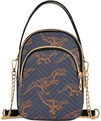 Mnsruu Petit sac &agrave; bandouli&egrave;re en cuir bleu fonc&eacute; avec motif dinosaure orange pour femme