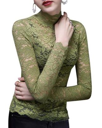 Minetom Femme T-Shirt Manches Longues Dentelle Chemisier Moulant Shirt Transparente Blouse Couleur Unie Hauts Tops A Vert L