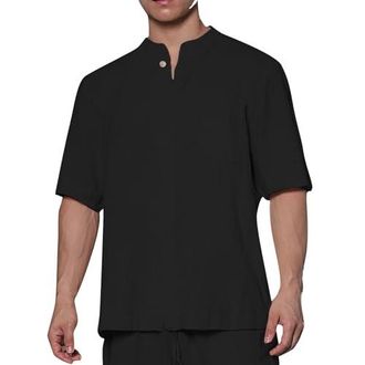 Generic Chemise dentra&icirc;nement en coton et lin pour homme - Couleur unie - Respirant - Sport d&eacute;contract&eacute; - Coupe droite, Noir, XXL